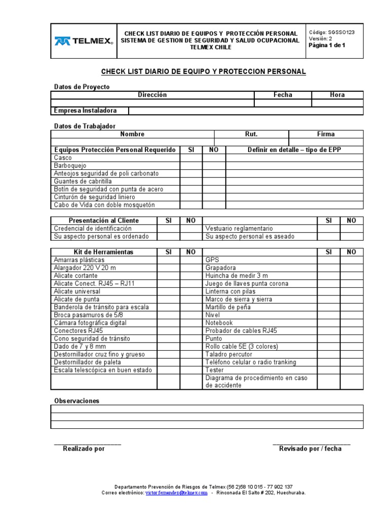 Check List Epp | Equipo | Tecnología e ingeniería