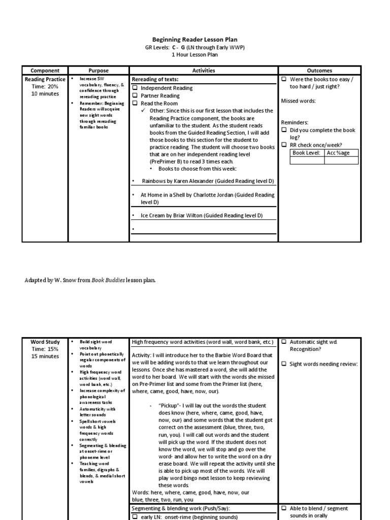 Beginning Reader Lesson Plan 1 | PDF | Reading (Process) | Phonics