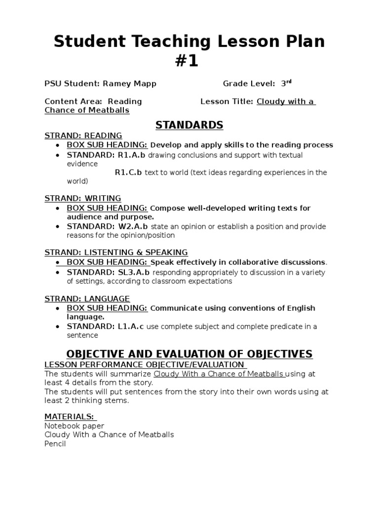 Cloudy With A Chance Lesson Plan | PDF | Lesson Plan | Pedagogy