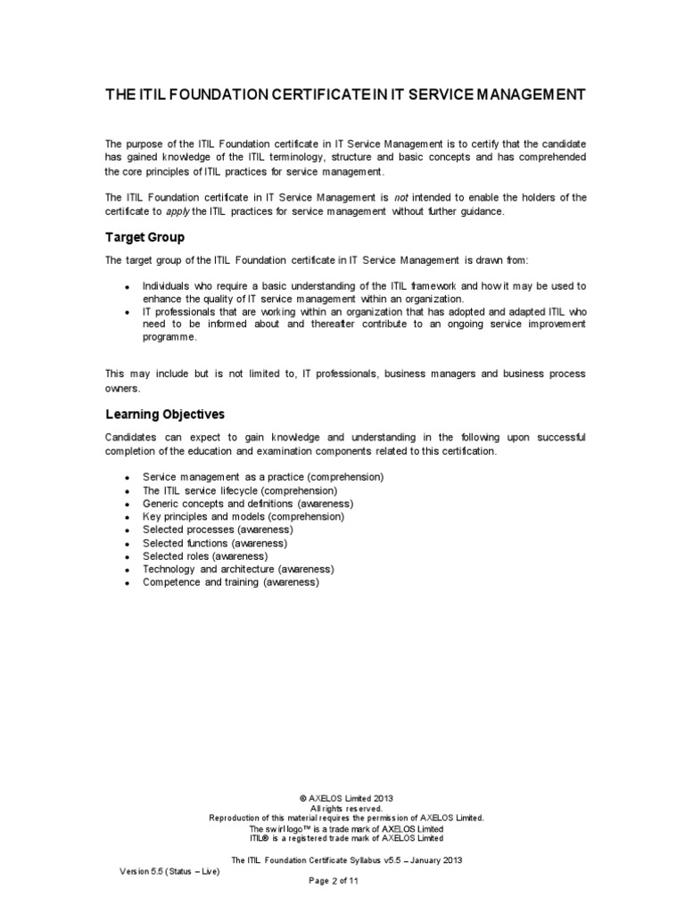 The Itil Foundation Certificate in It Service Management: Target Group ...