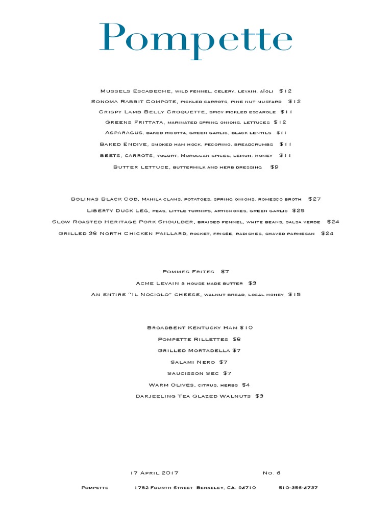 Pompette Menu Highlights | PDF | Pickling | Cuisine