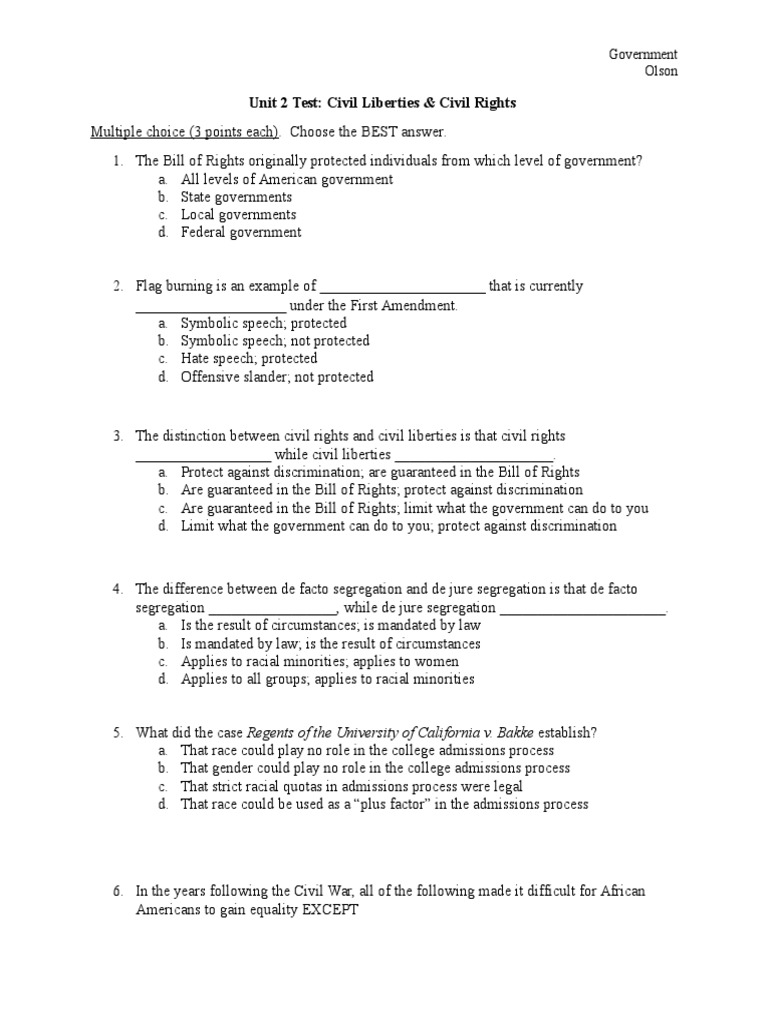 Civil Liberties and Civil Rights Test | PDF | Free Exercise Clause ...