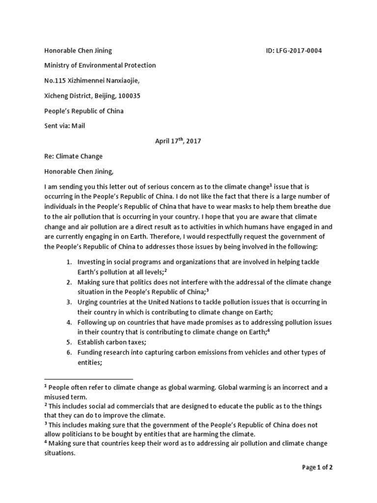 Letter To Honorable Chen Jining of The Chinese Ministry of ...