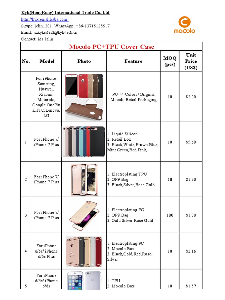 Mocolo PC+TPU Cover Case: No. Model Photo Feature MOQ (PCS) Unit Price ...