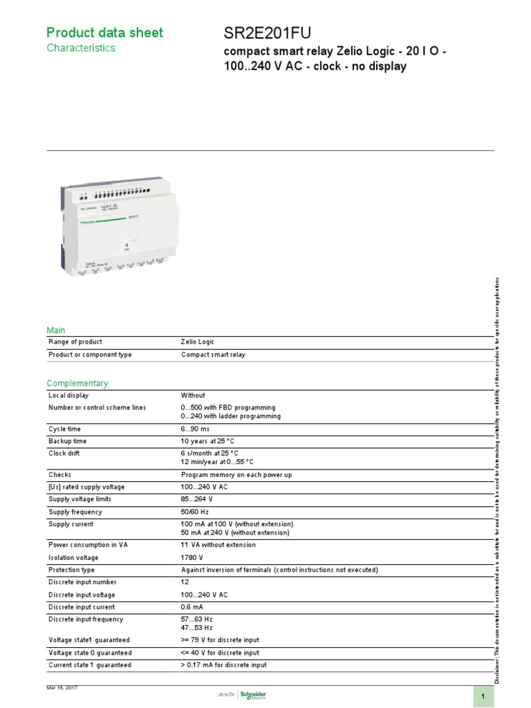 Product Data Sheet for the SR2E201FU Compact Smart Relay with 100-240V ...