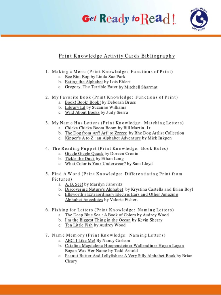 Print Knowledge Activity Cards Bibliography | PDF | Children's ...