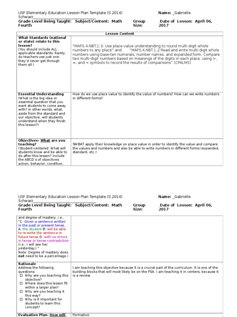 USF Elementary Education Lesson Plan Template (S 2014) Schwarz | PDF ...