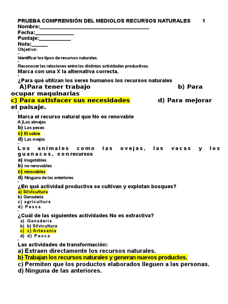 Prueba Recursos Naturales 2 | PDF | Agricultura | Los bosques