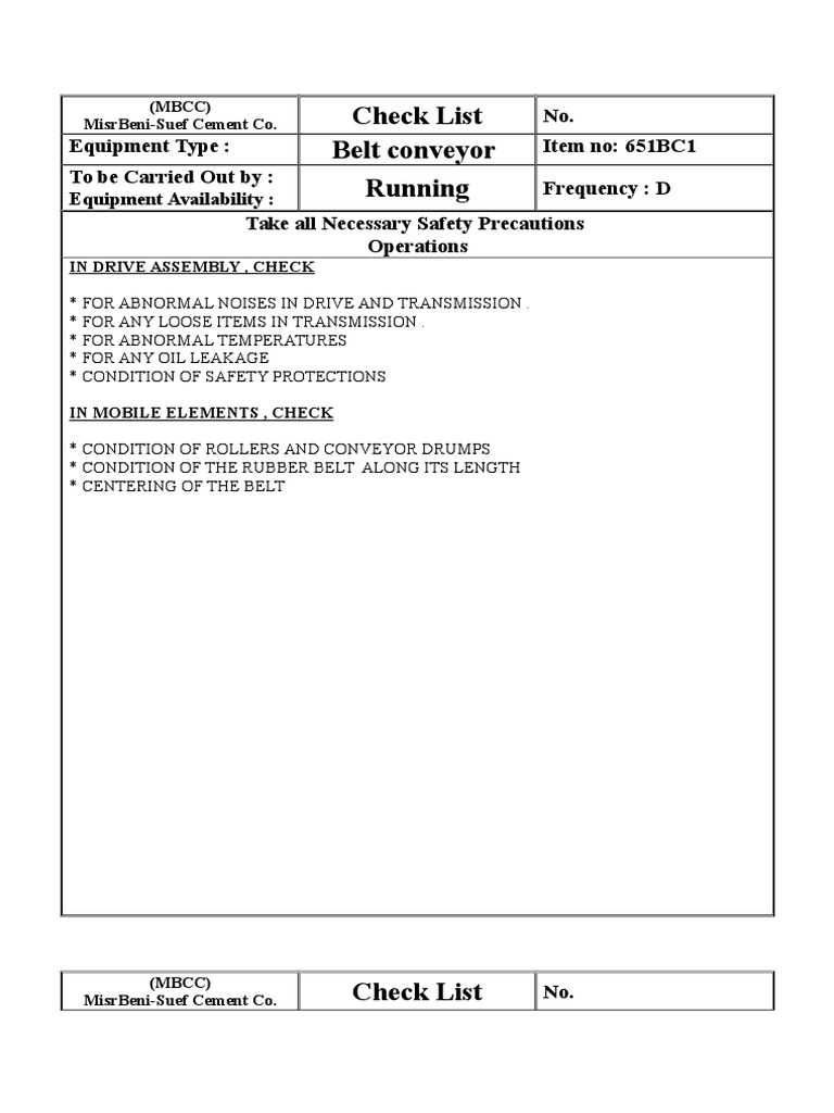 Check List Belt Conveyor Running | PDF