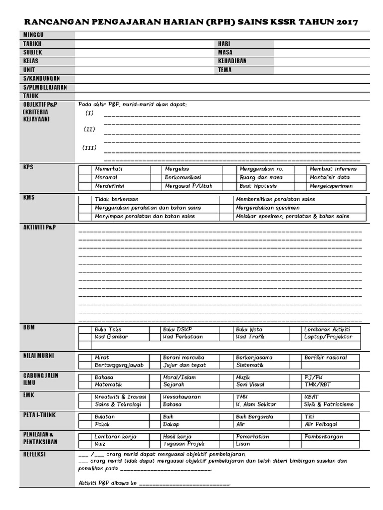Contoh RPH Sains 2017 | PDF