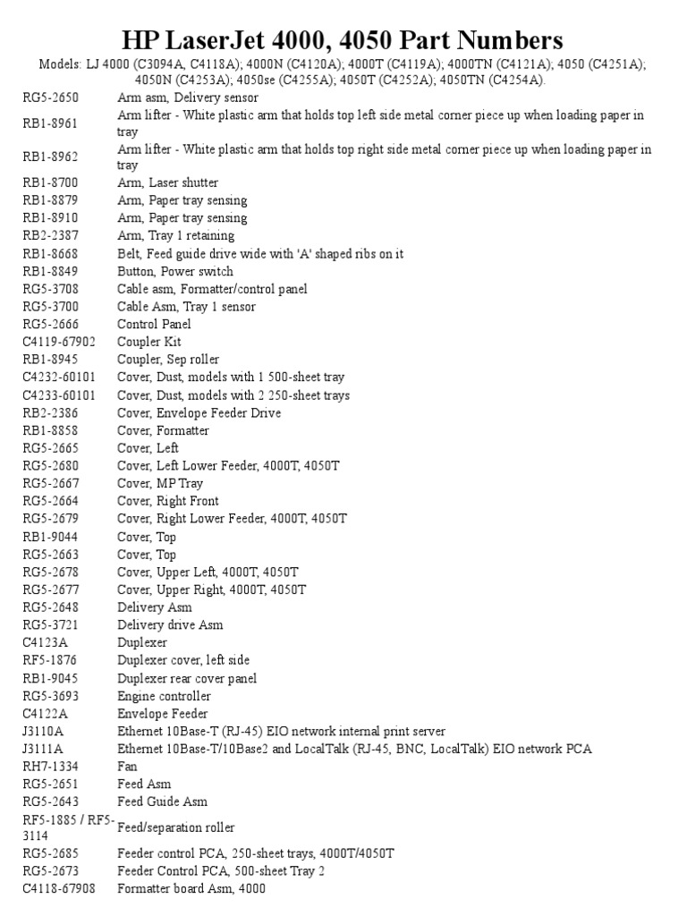 HP LaserJet 4050 Part Numbers | PDF | Printer (Computing) | Office ...