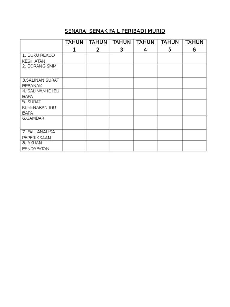 Senarai Semak Fail Peribadi Murid | PDF