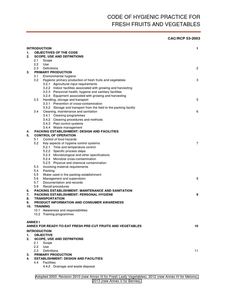 Code of Hygienic Practice For Fresh Fruits and Vegetables. | PDF ...