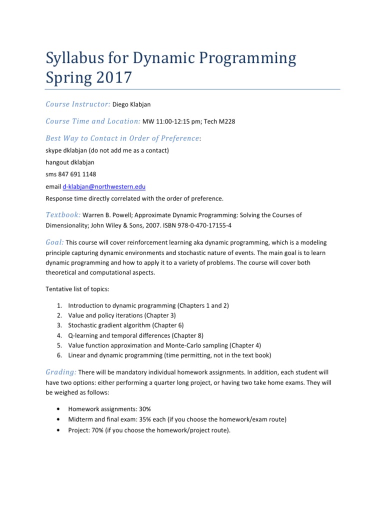 Syllabus For Dynamic Programming | PDF | Dynamic Programming | Homework