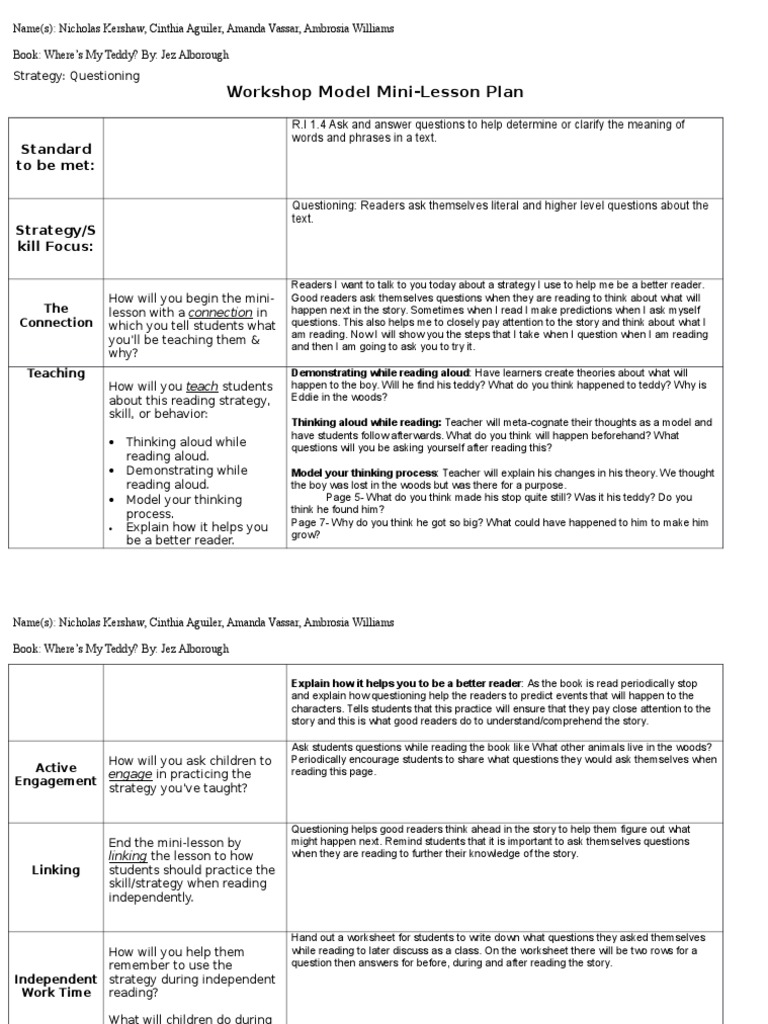 Workshop Model Mini-Lesson Plan: Standard To Be Met | PDF | Reading ...