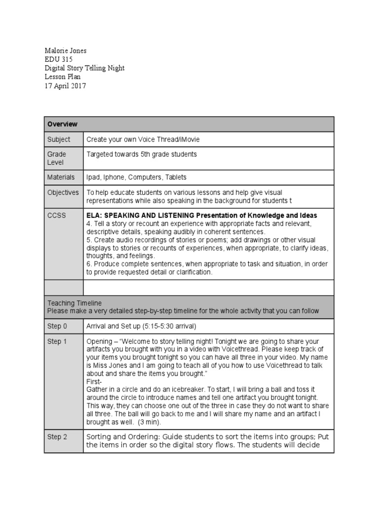 Digital Story Telling Night Lesson Plan | PDF | Lesson Plan | You Tube