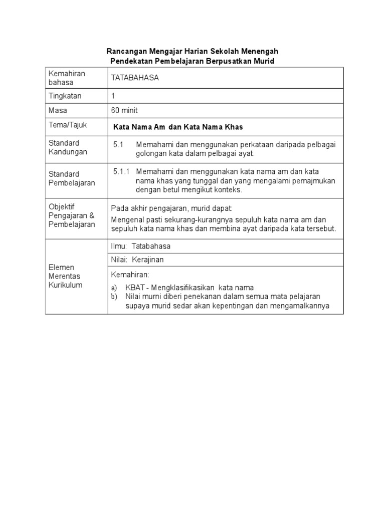 RPH Tatabahasa BM Ting 1 | PDF