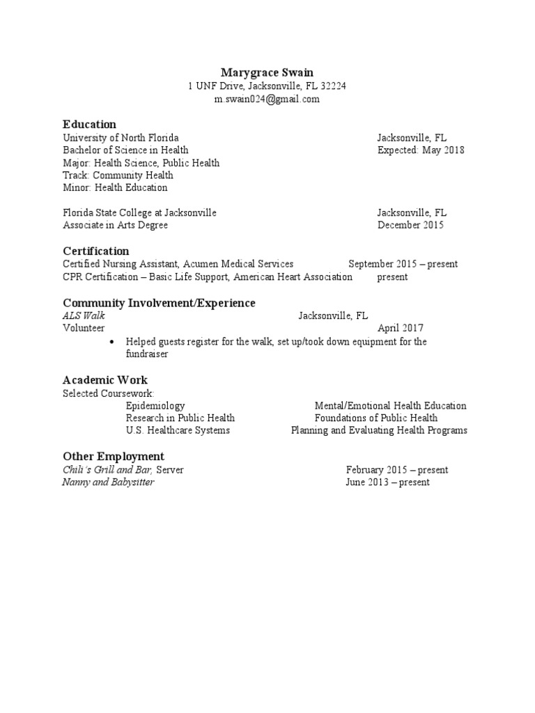Marygrace Swain: Health Science Resume | PDF | Self-Improvement