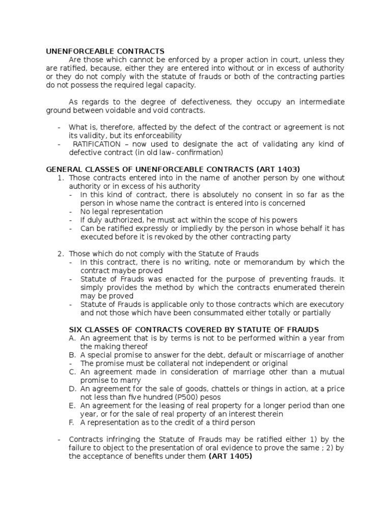 UNENFORCEABLE CONTRACTS- JURADO.doc | Ratification | Law Of Obligations