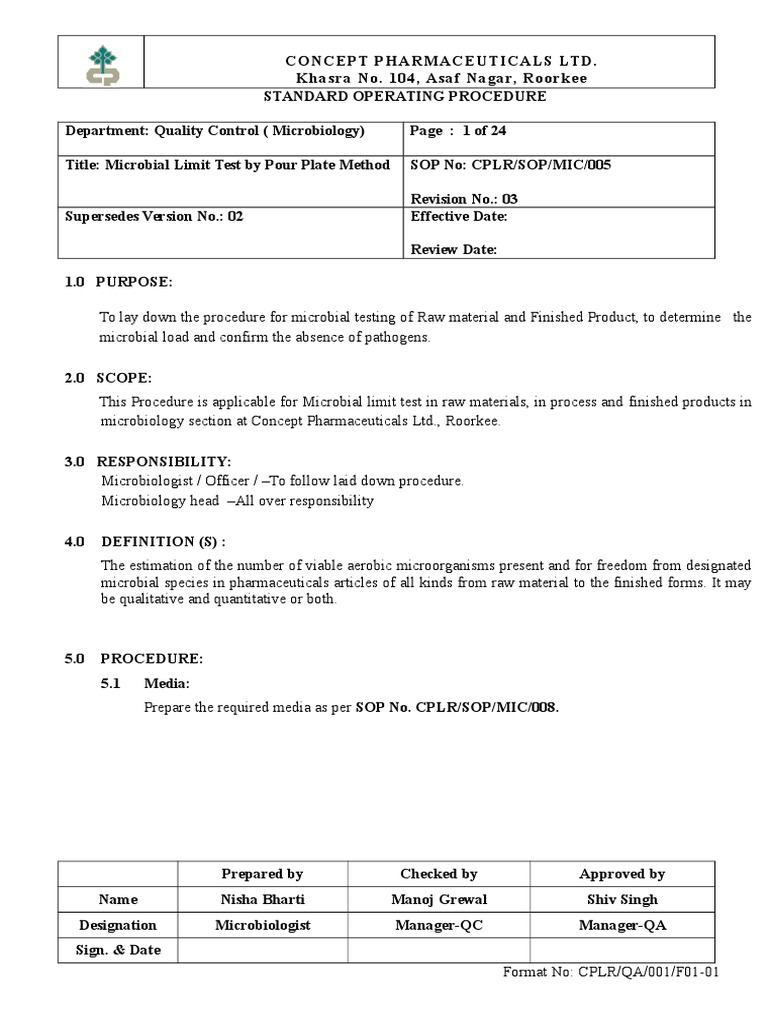 Microbial Limit Test by Pour Plate Method | PDF | Colony Forming Unit | Ph