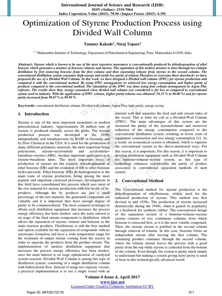 Optimization of Styrene Production Process Using DWC | PDF ...