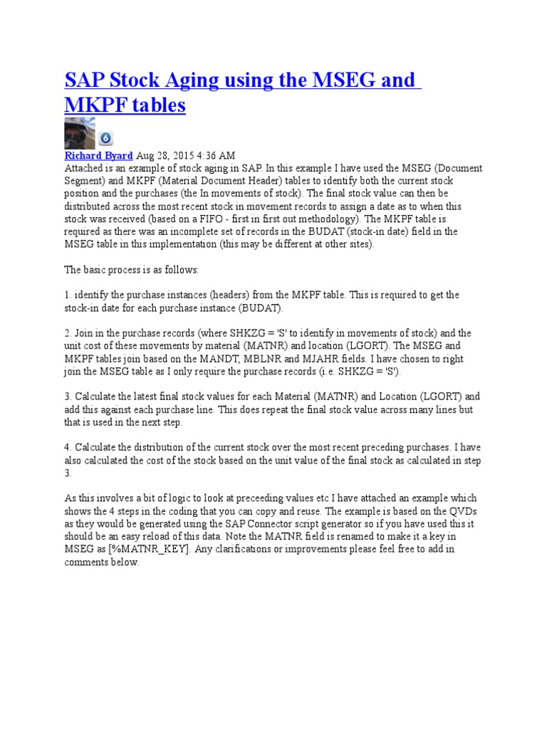 SAP Stock Aging Using The MSEG and MKPF Tables | PDF | Business Intelligence | Inventory