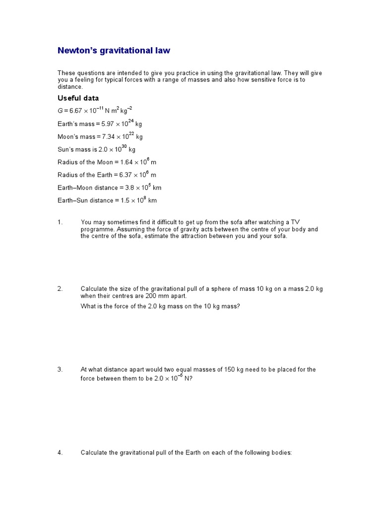 Physics Gravitational Exercises | PDF | Gravity | Mass
