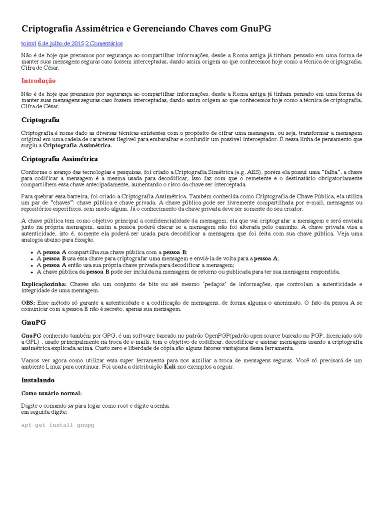 Criptografia Assimetrica e Gerenciando Chaves Com Gnupg | PDF | Criptografia | Chave (criptografia)