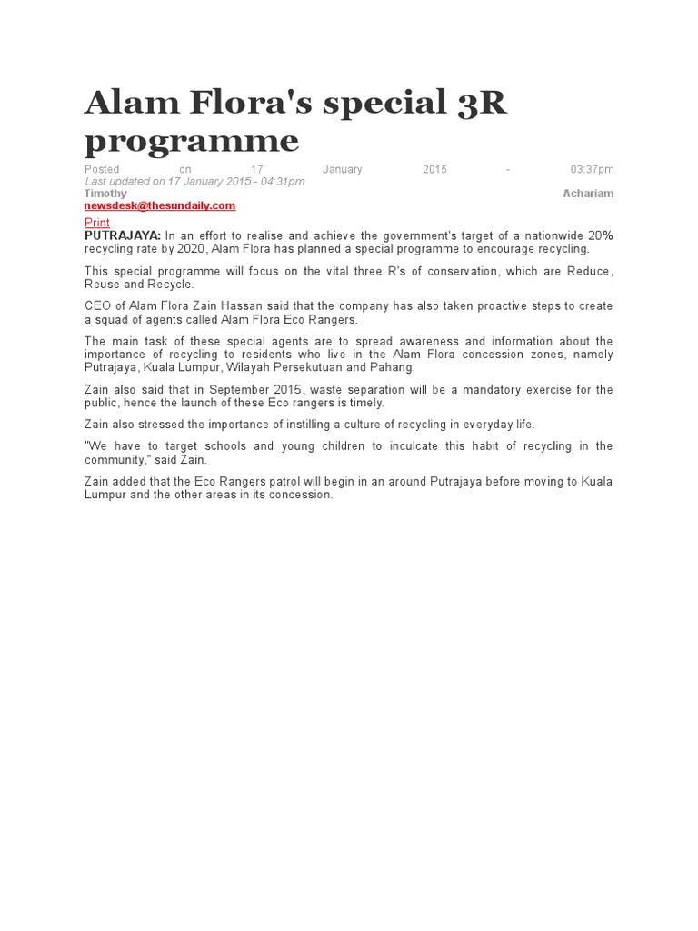 Alam Flora's Special 3R Programme: Print | PDF