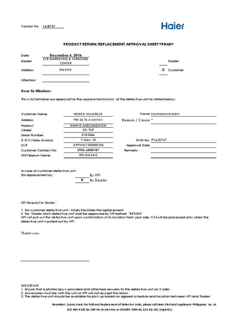 Product Return/Replacement Approval Sheet : December 6, 2016 | PDF ...