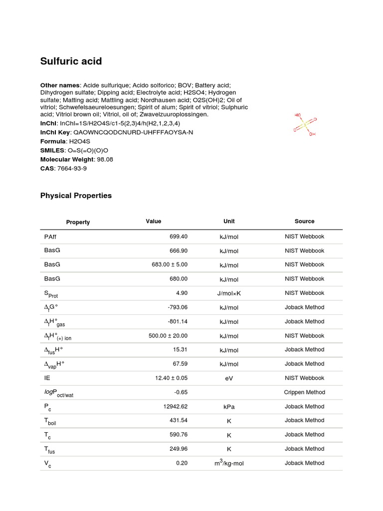 Sulfuric Acid: Physical Properties | PDF | Sulfuric Acid | Enthalpy