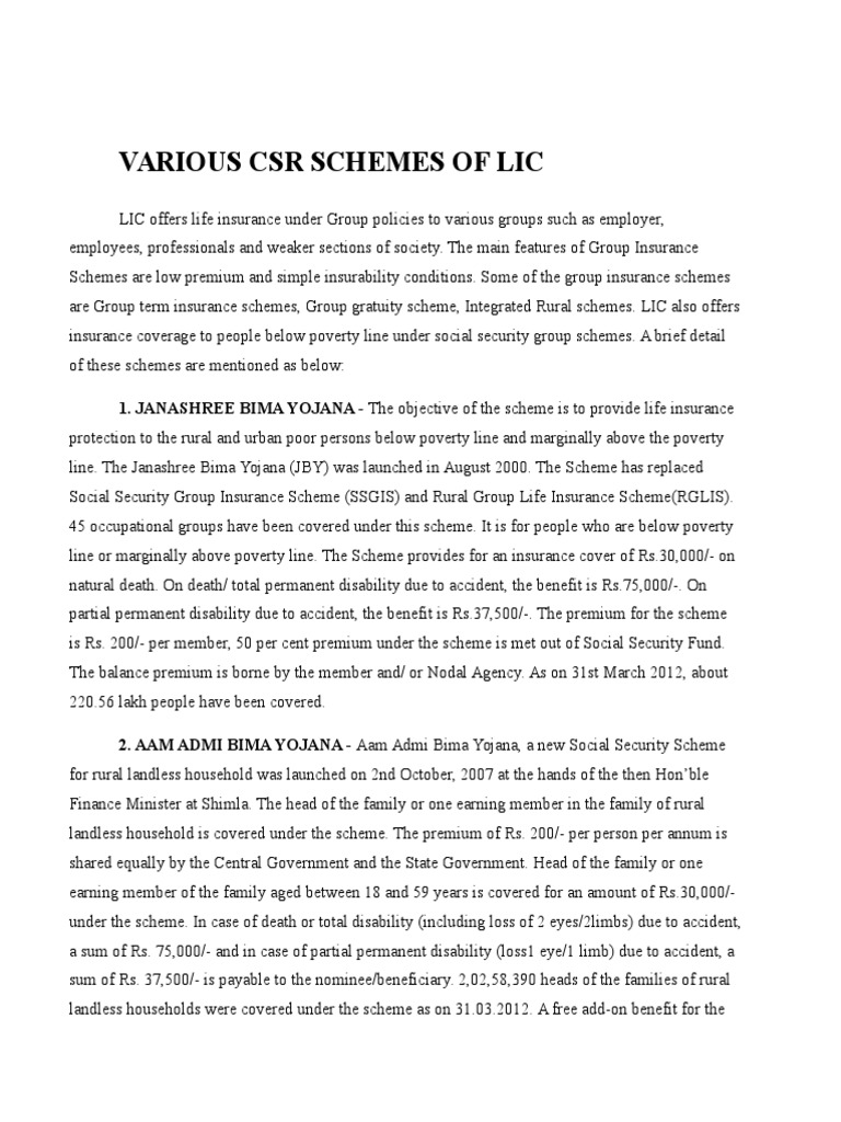 Various CSR Schemes of Lic | PDF | Life Insurance | Insurance