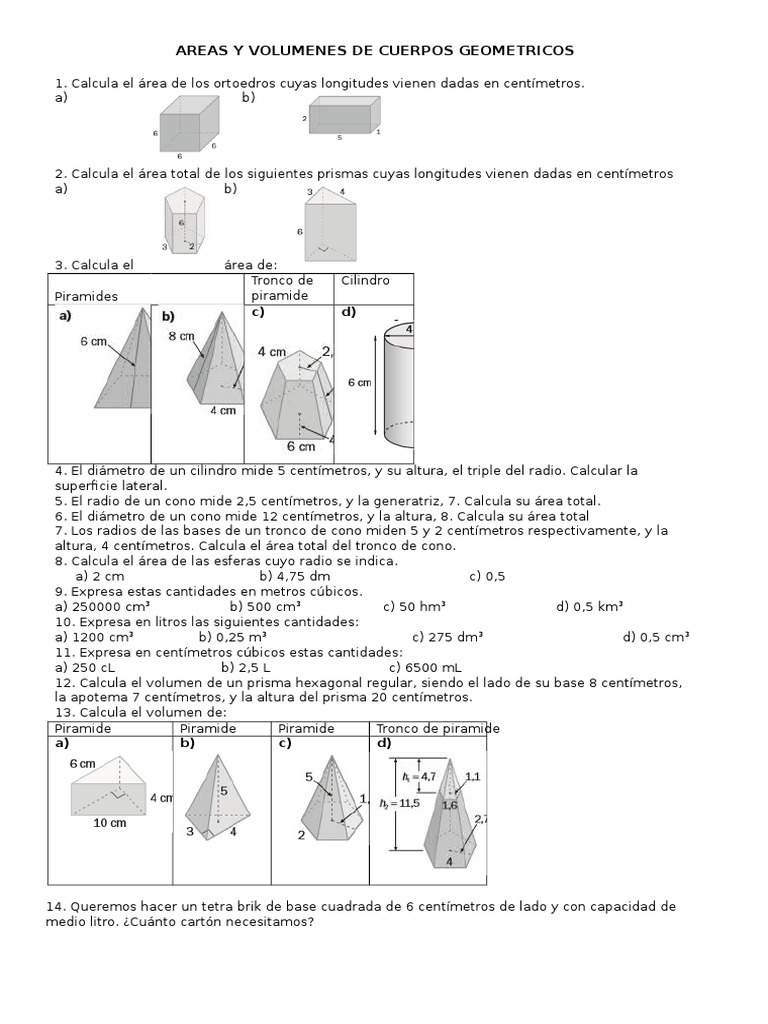 Areas y Volumenes de Cuerpos Geometricos | PDF | Volumen | Formas geométricas