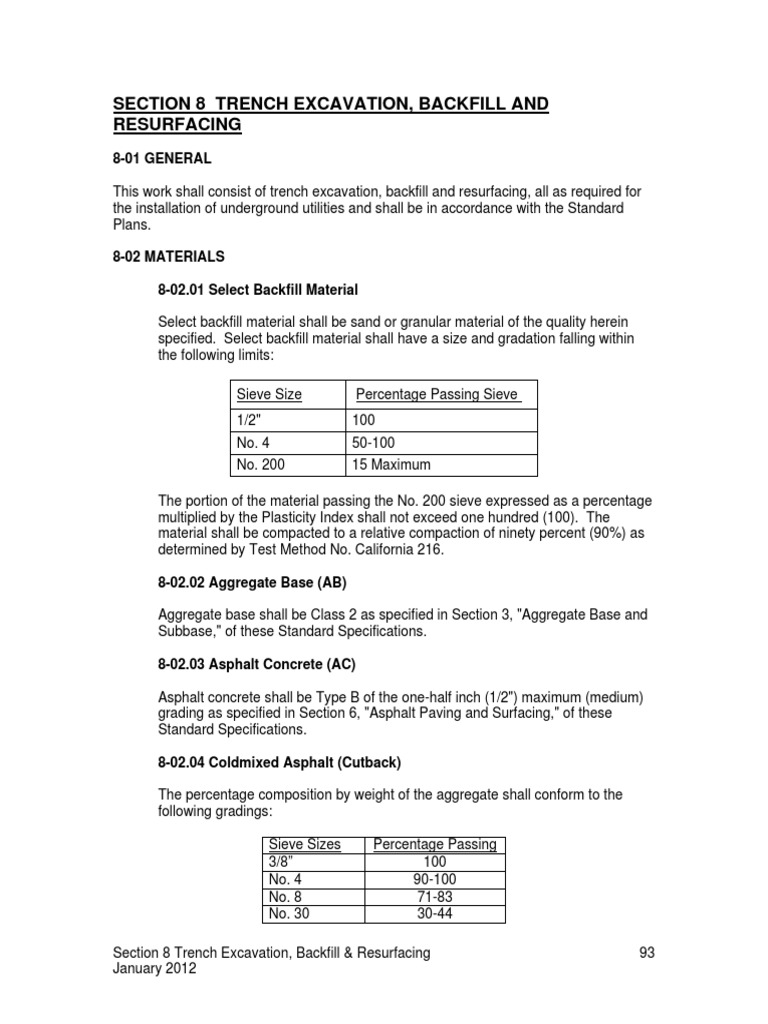 Guidance Technical Specification Section 8 Trench Excavation, Backfill ...