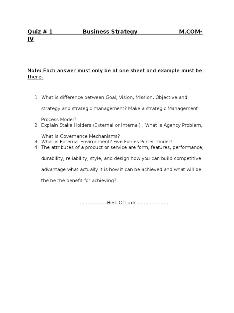 Quiz # 1 Business Strategy IV: There | PDF