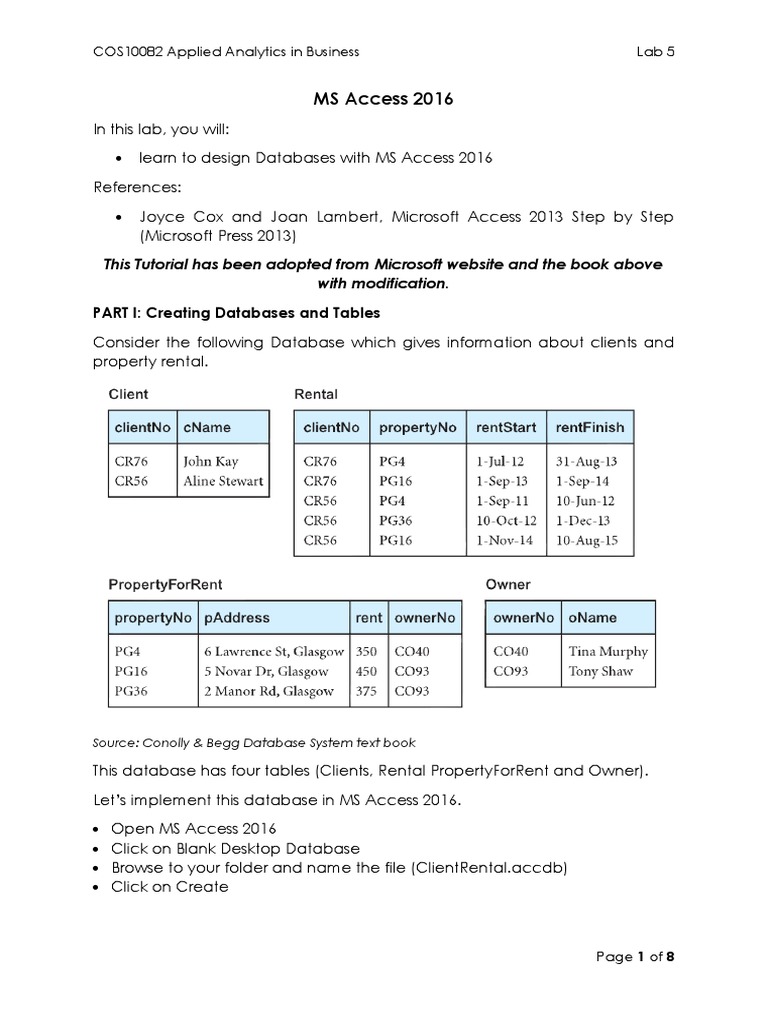 Designing a Database in MS Access 2016: A Client Rental Database Lab ...