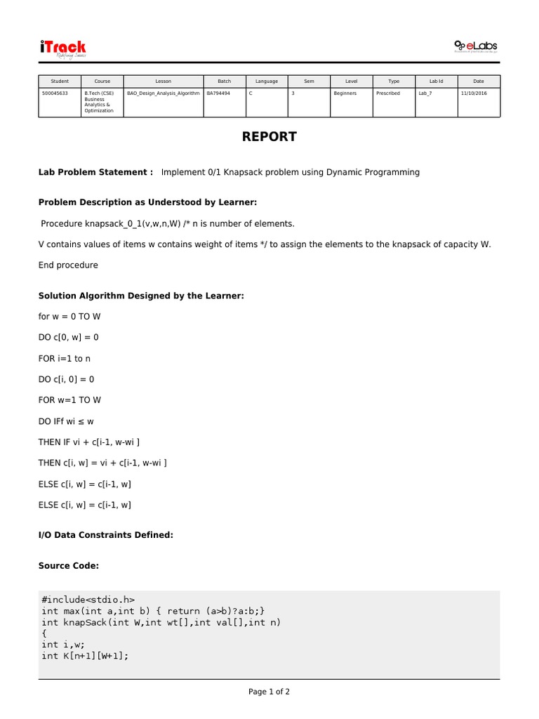 Lab Problem Statement: Implement 0/1 Knapsack Problem Using Dynamic ...