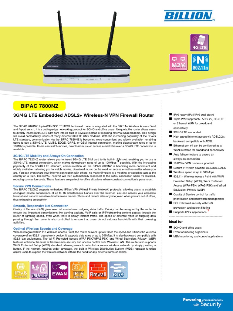 Billion 7800NZ Triple-WAN 3G/4G LTE ADSL2+ Wireless-N VPN Firewall ...
