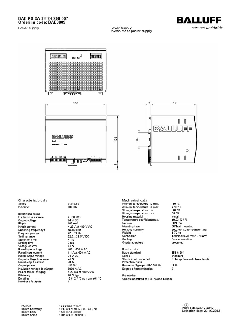 Balluff-BAE0009-datasheet | Alternating Current | Physical Quantities
