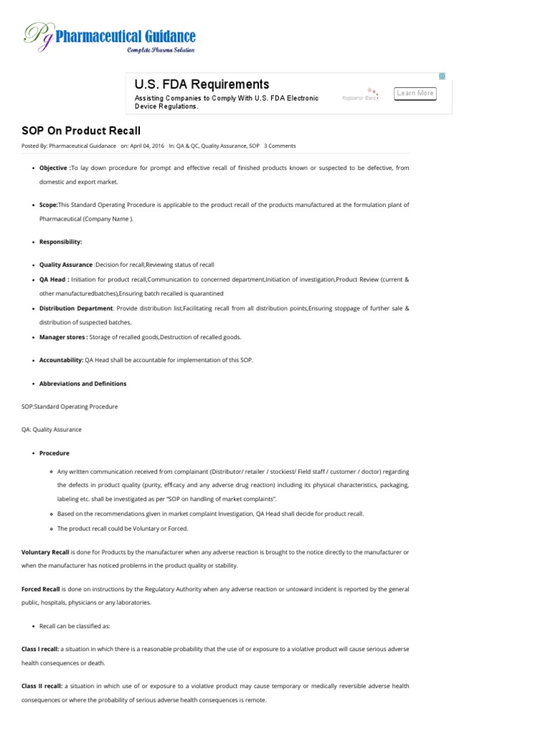 SOP on Product Recall _ Pharmaceutical Guidance | Quality Assurance ...