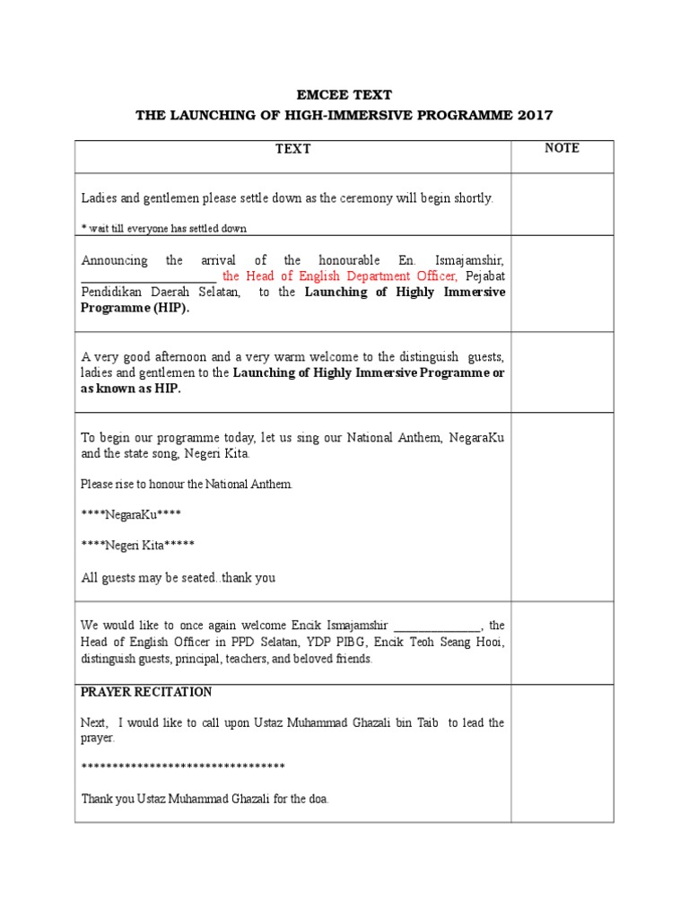 Emcee Text The Launching of High-Immersive Programme 2017 Text | PDF