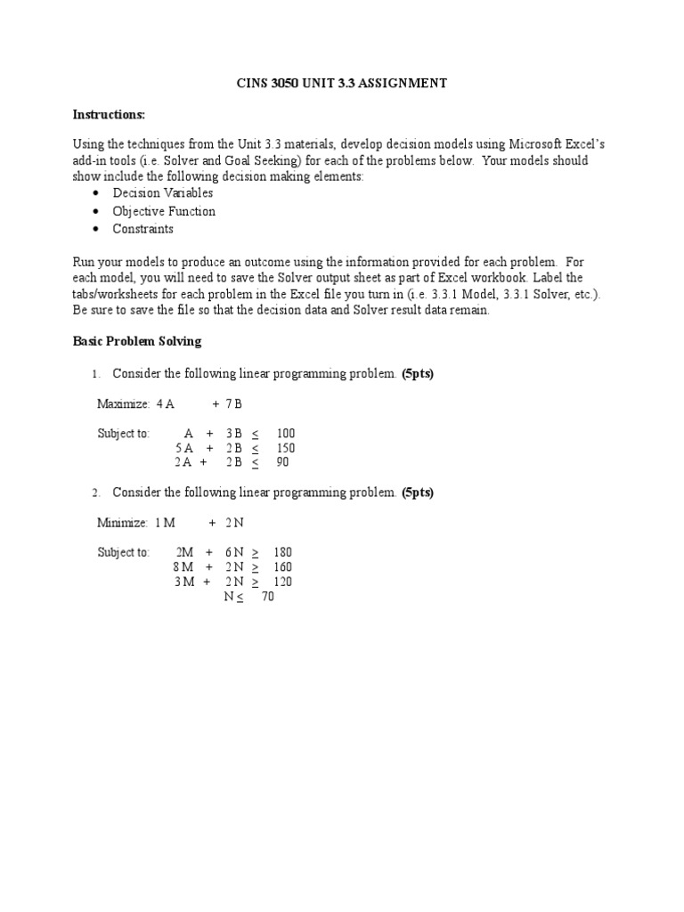 Cins 3050 Unit 3.3 Assignment Instructions | Download Free PDF | Linear Programming | Microsoft ...