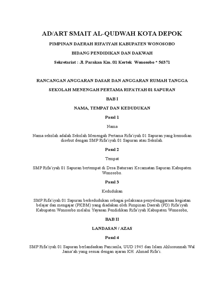 Contoh ADART Sekolah | PDF