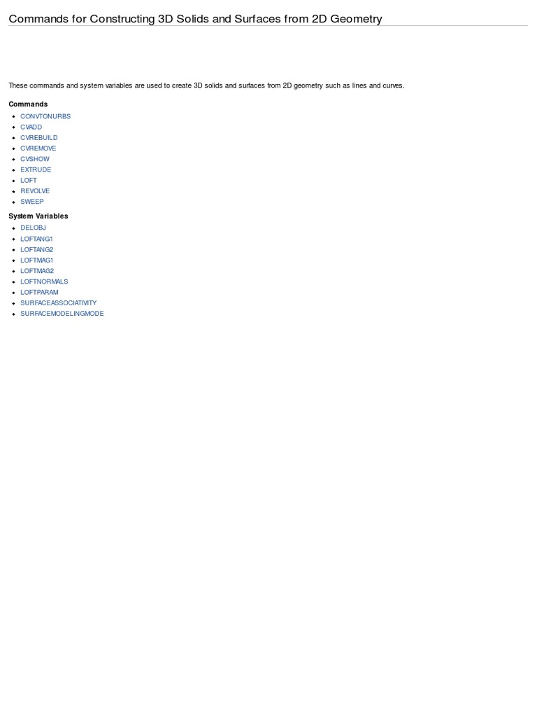 Commands For Constructing 3D Solids and Surfaces From 2D Geometry | PDF