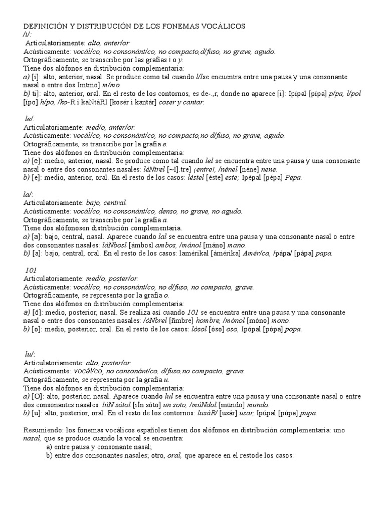Definición y Distribución de Los Fonemas | PDF | Fonema | Vocal