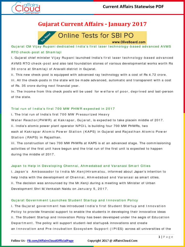 Gujarat Current Affairs 2017 by AffairsCloud | PDF | Gujarat | Finance ...