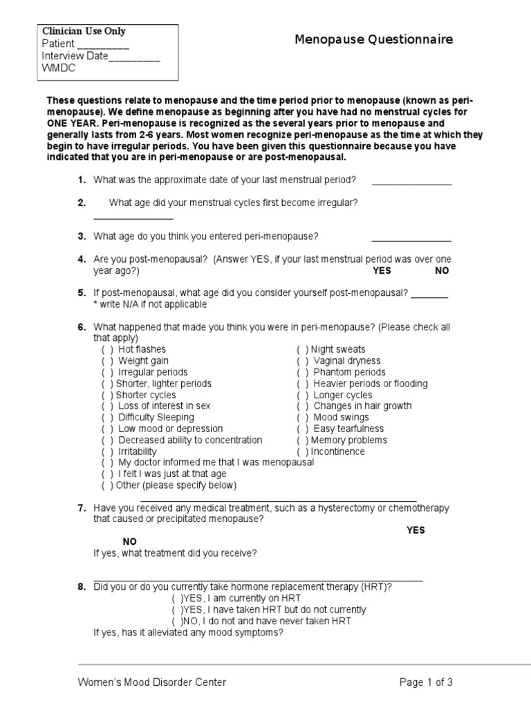 Menopause Questionnaire: Patient - Interview Date - WMDC | PDF ...
