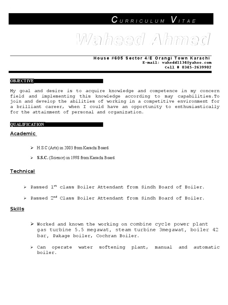 Boiler Operator Resume of Waheed Ahmed | PDF