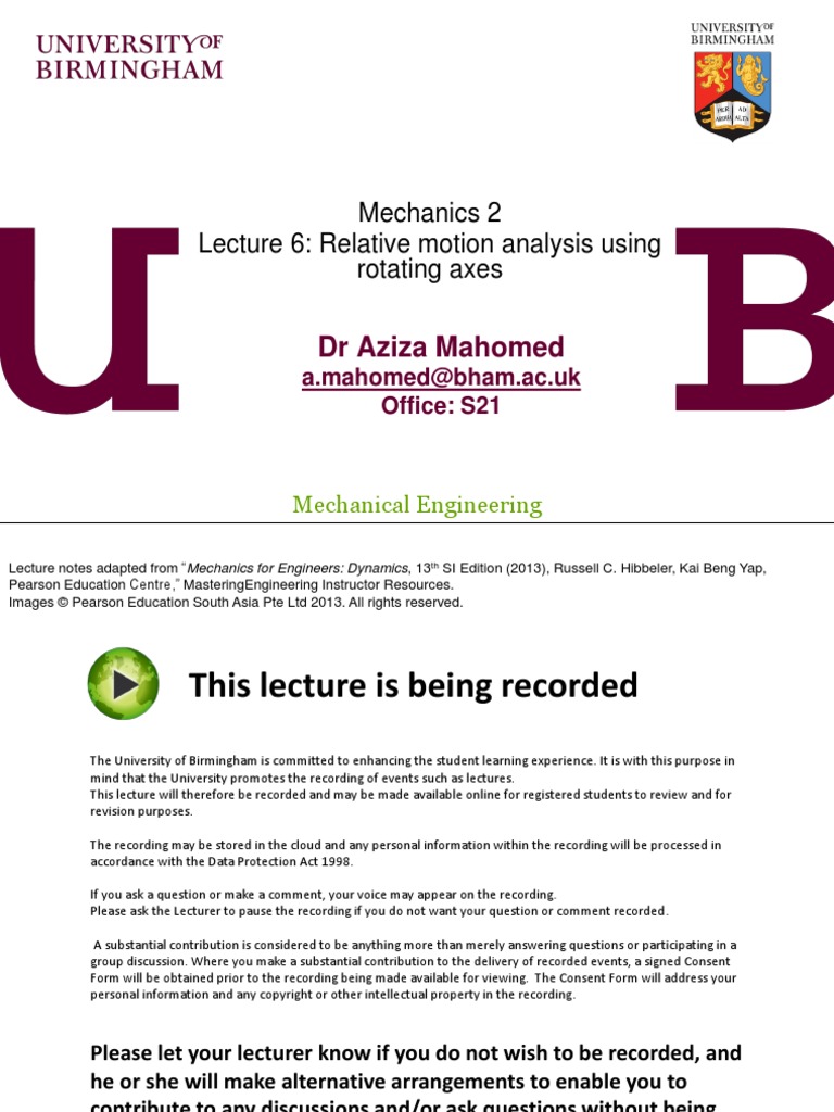 Lecture 6 Relative Motion Analysis Using Rotating Axes v3 LECTURE | PDF | Kinematics | Equations ...