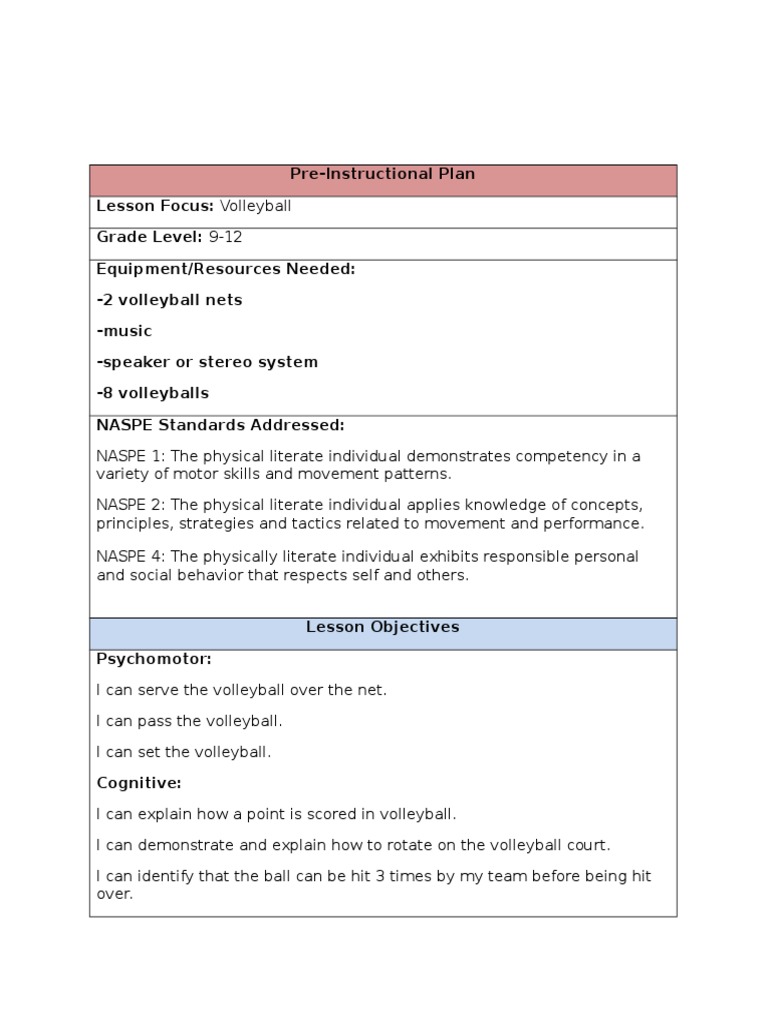 Volleyball Lesson Plan Hs | PDF | Volleyball | Educational Assessment